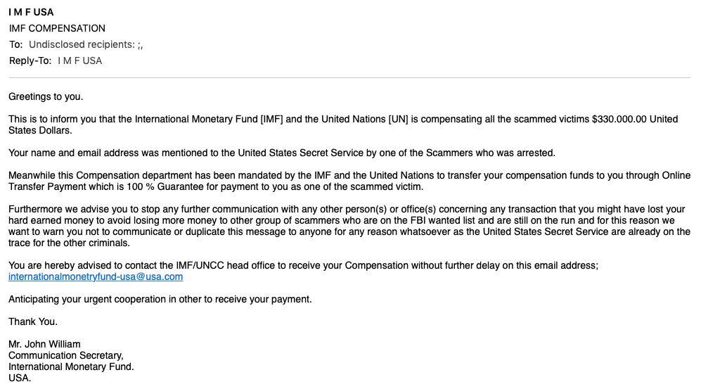 Scam Email – IMF Compensation – Well Eye Never