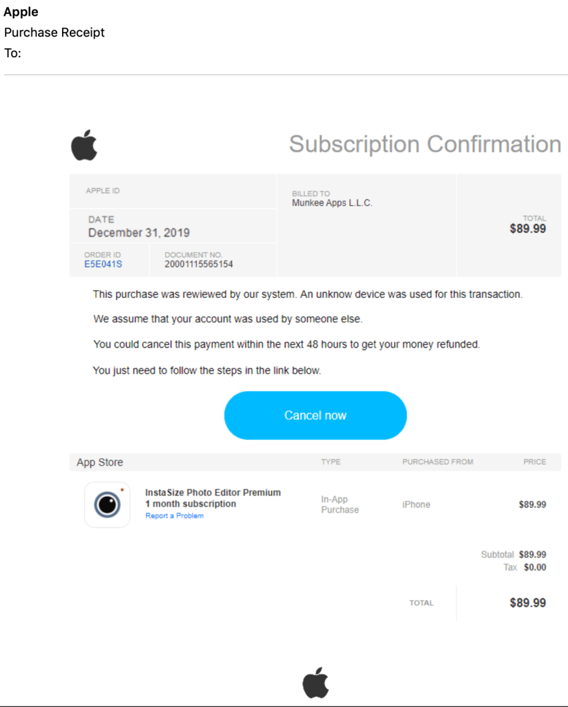 Scam Email – Apple Purchase – Well Eye Never